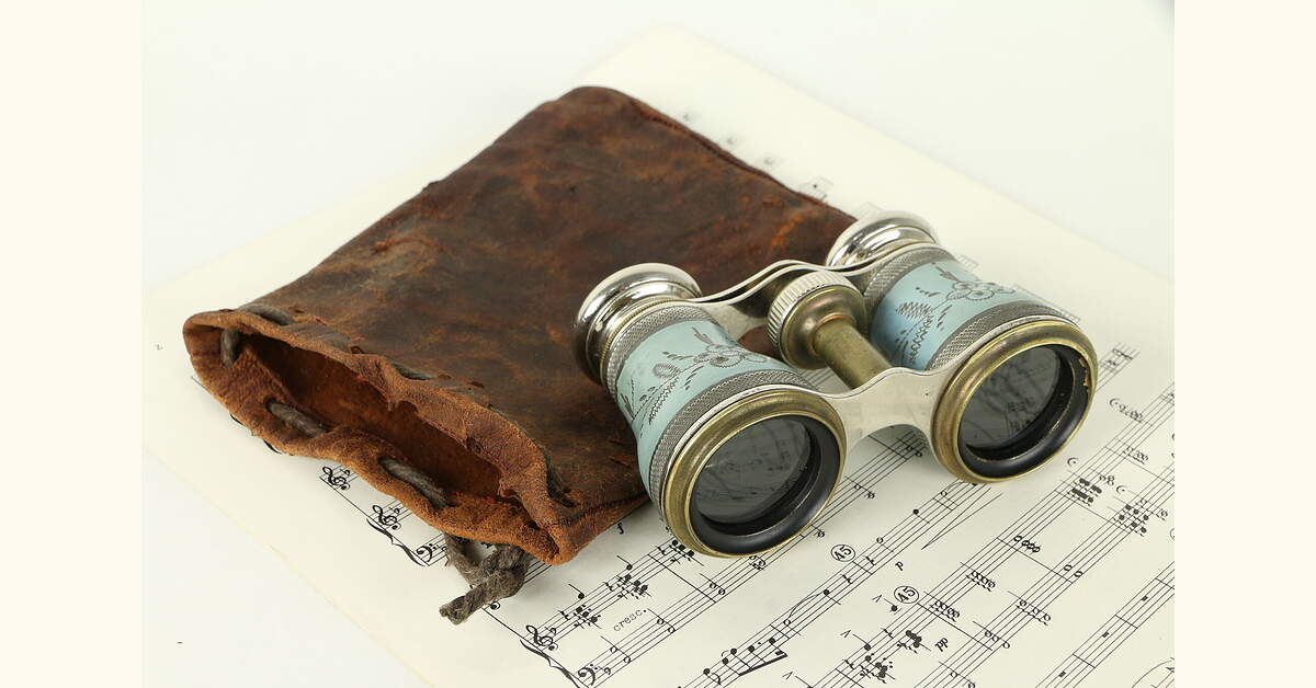 Blue Enamel Antique English Opera Glasses, Leather Pouch