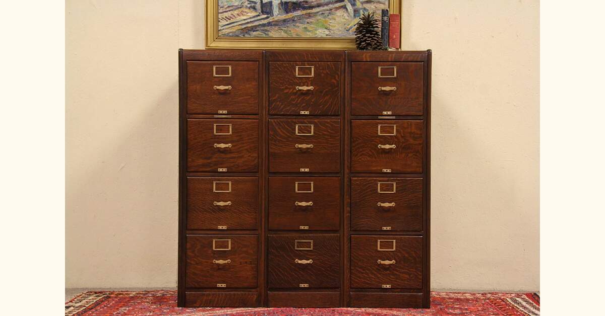 Triple Oak 12 Drawer Antique 1900 Library File Cabinet