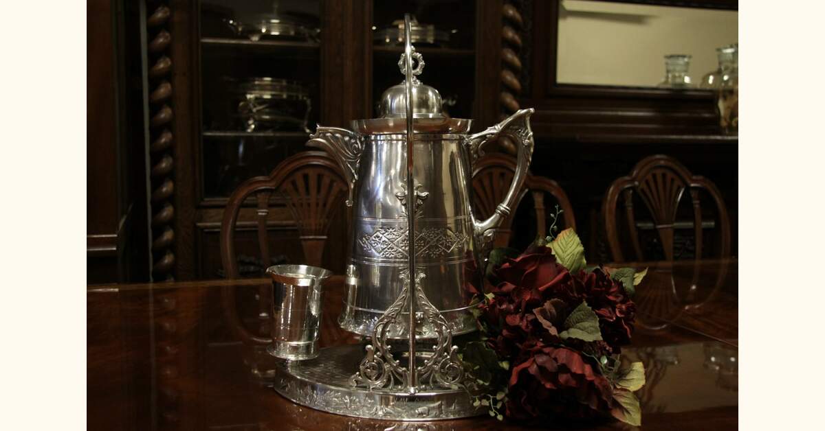 Meriden Silverplate 1868 Tilting Pitcher, Stand & Cup