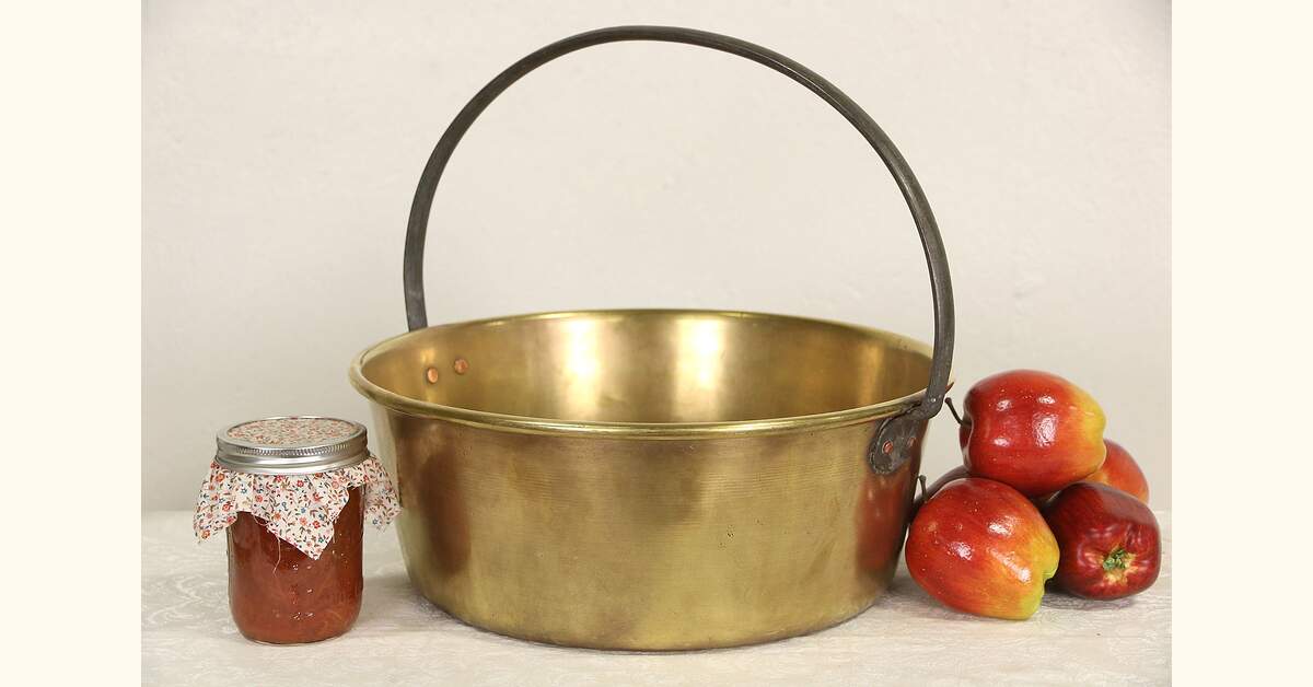 Brass Antique 1890's Jam Pot Kettle, Wrought Iron Handle