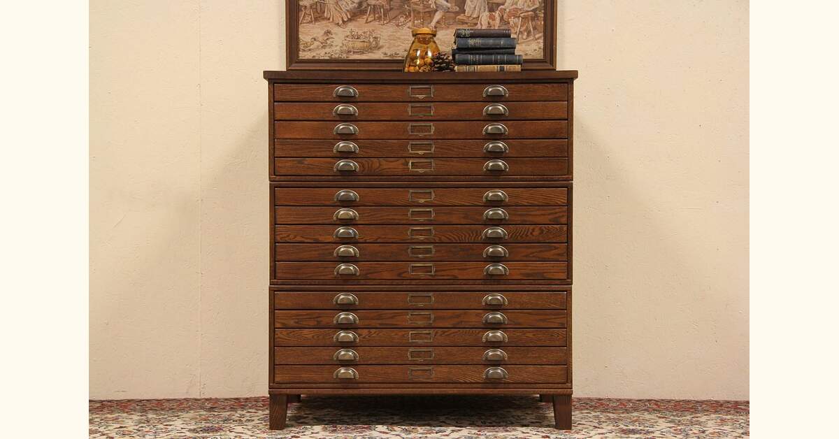 Oak Map Chest File or Document Cabinet, 15 Drawers