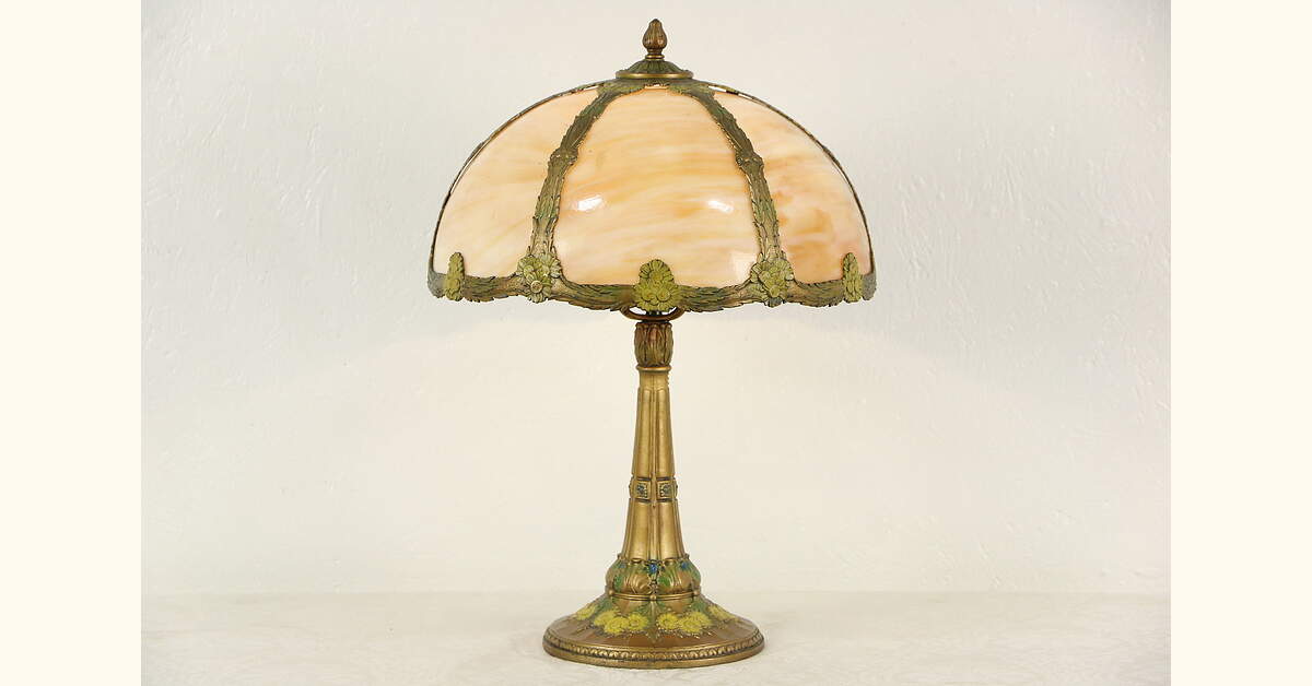 Curved Stained Glass 1915 Antique Lamp, Base with Original Paint