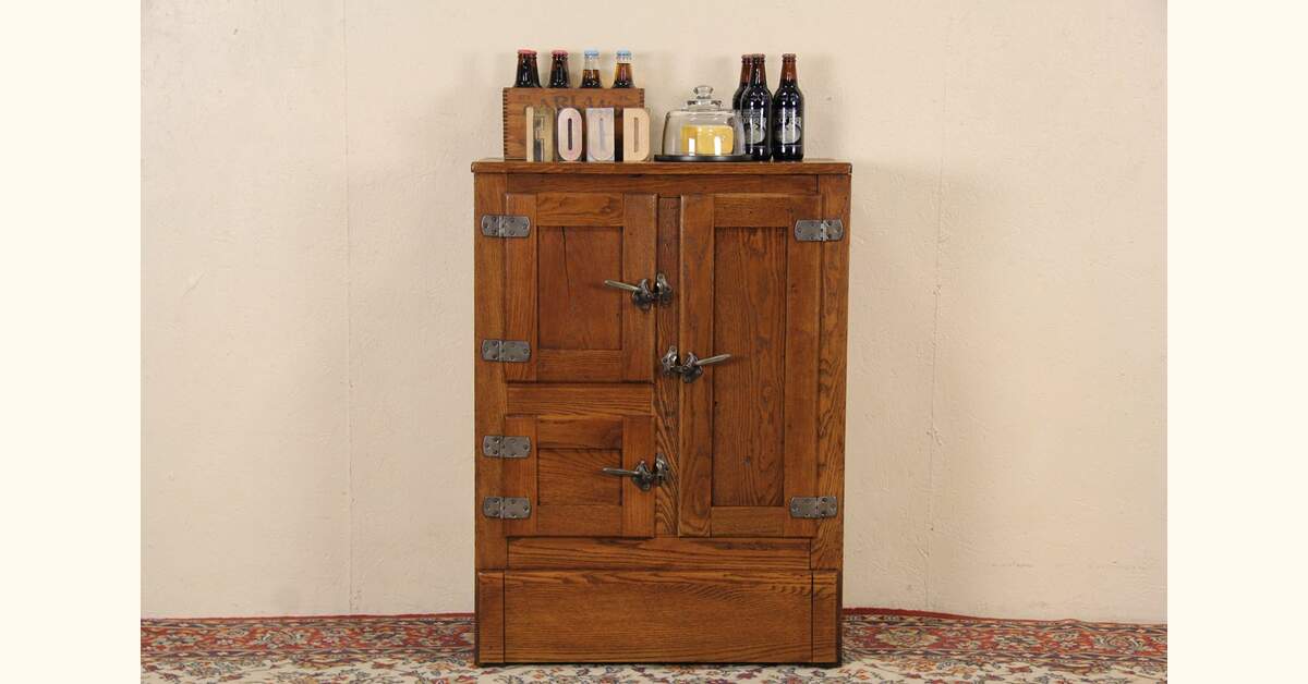 Oak 1900 Antique Icebox, Paneled Doors, Original Hardware