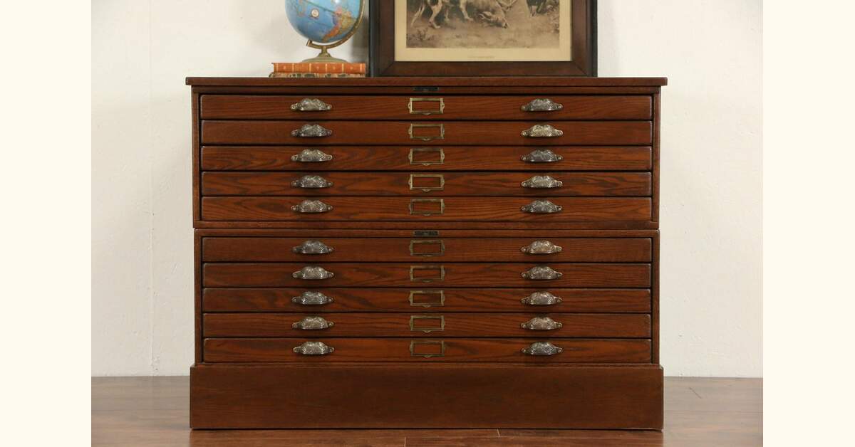 Oak Vintage Stacking Map Chest or Document File, 10 Drawers, Signed Mayline