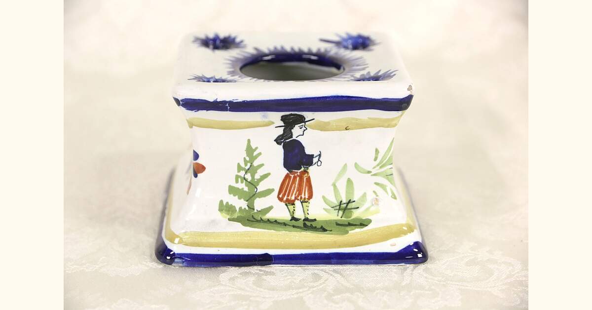 Quimper Inkwell & Pen Holder, Hand Painted & Signed, Brittany, France