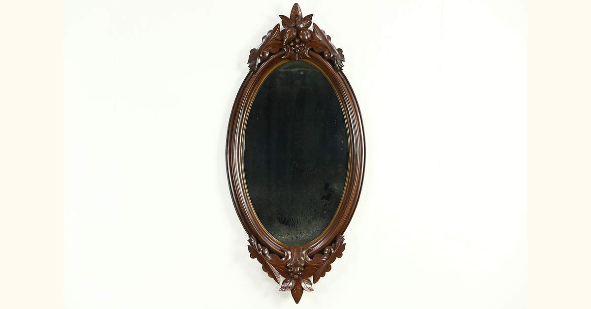 Victorian 1860 Antique Walnut Mirror, Original Glass, Hand Carved Fruit ...