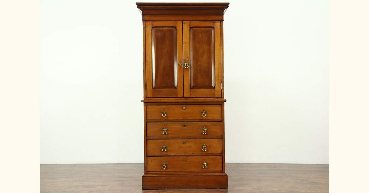 Armoire, Antique Mahogany Chifferobe or Linen Closet, Signed England