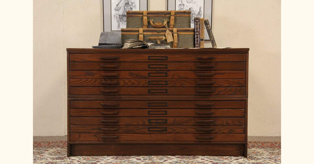 Oak Stacking Map Chest or Document File, 10 Drawers
