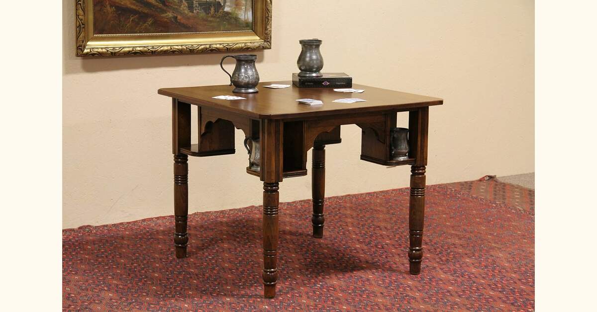 Oak Antique 1890 Pub or Tavern Game Table, Mug Shelves