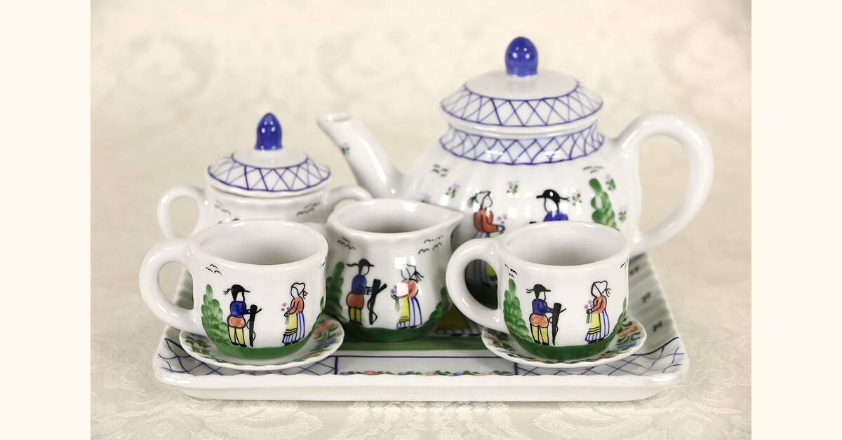 Quimper Child Size Tea Set & Tray, Hand Painted, Brittany, France