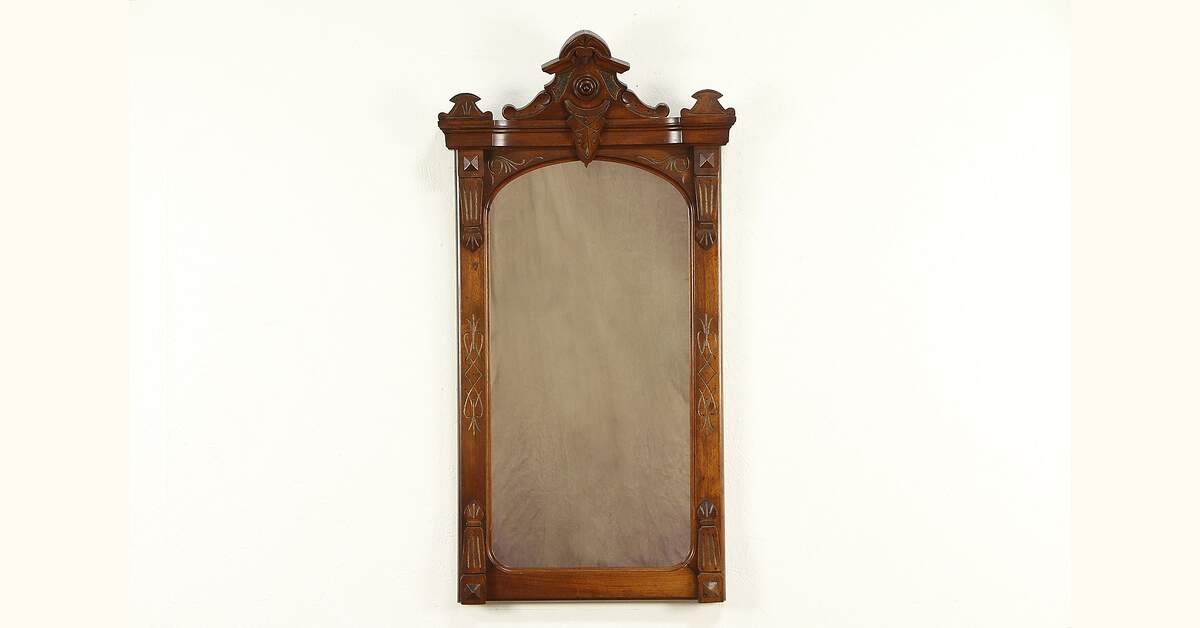 Victorian Antique 1880 Hand Carved Walnut Hall Mirror