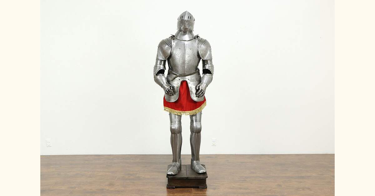 Set of Vintage Engraved Steel Armor & Stand, Toledo Spain