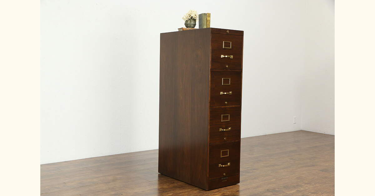 Midcentury Modern Walnut 4 Drawer File Cabinet, Signed Globe Wernicke