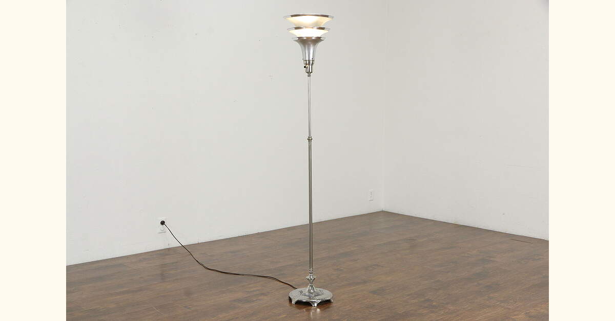 Art Deco Vintage Nickel Adjustable Height Torchiere Floor Lamp