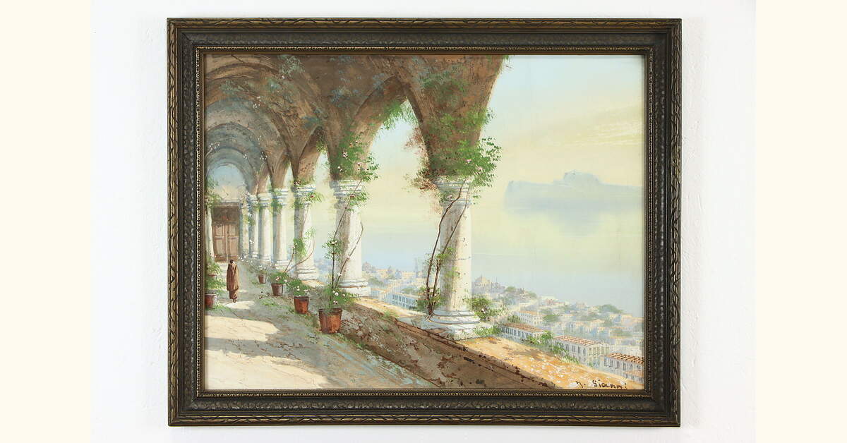 Isle of Capri Italian Shoreline Original Oil Painting, M. Gianni, 28.5"