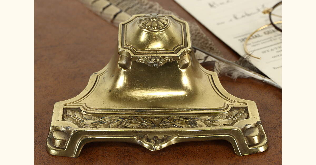 Embossed Covered Antique Inkwell, Porcelain Liner, Germany