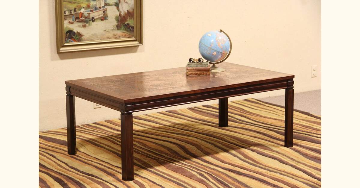 Midcentury Danish Modern Coffee Table, Copper Map of the World Top