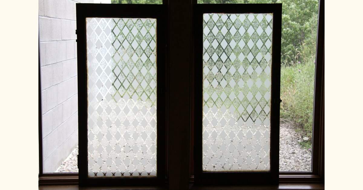 Pair Etched, Clear & Crackled Glass Windows