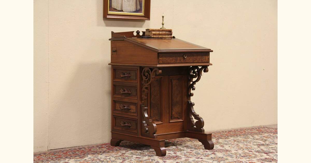 Victorian Carved 1870 Antique Davenport or Ship Captain Desk