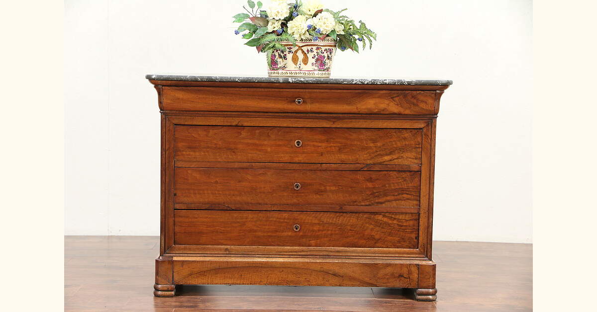 French Walnut Antique 1840 Linen Chest or Dresser, Marble Top