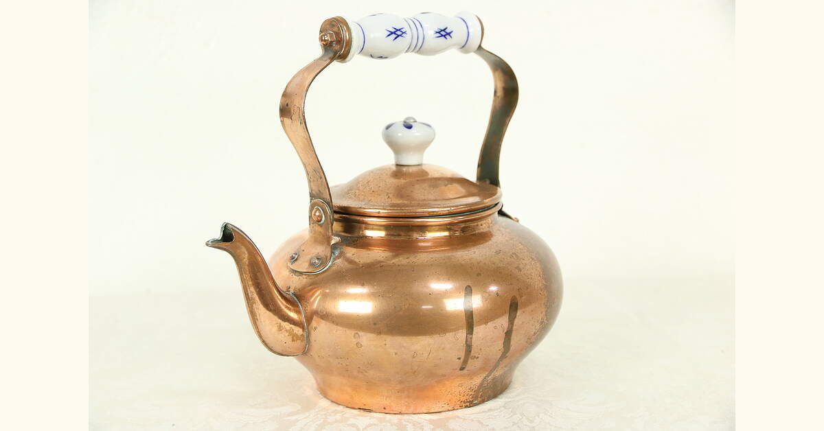Copper Pot Belly Antique Tea Kettle, Delft Handles, Holland