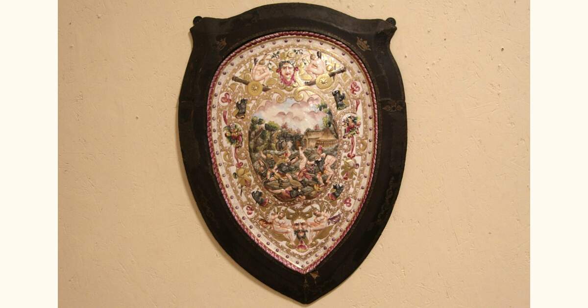 Capodimonte Royal Naples 1800's Porcelain Shield Plaque, Leather Frame