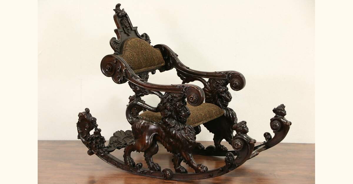 Swiss 1870 Antique Sleigh Rocker, Carved Lions and Figures