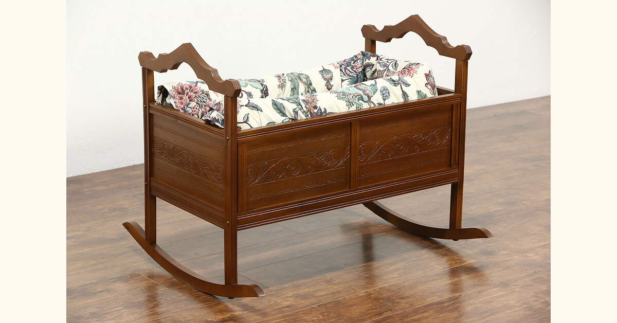 Baby Rocking Antique Cradle, Press Carved