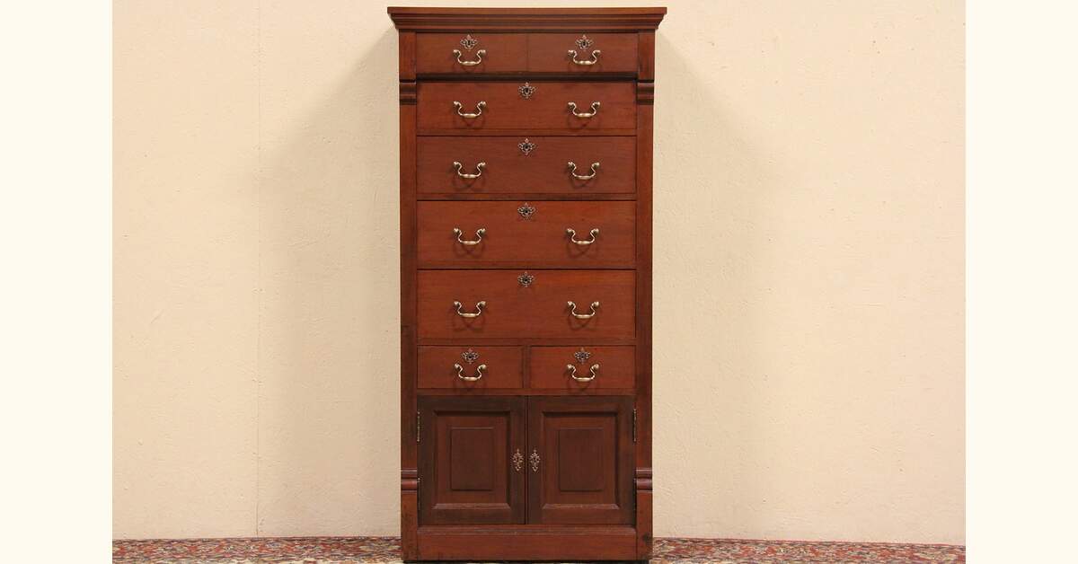 Victorian Antique 1890 Mahogany Tall Chest, Secret Drawer