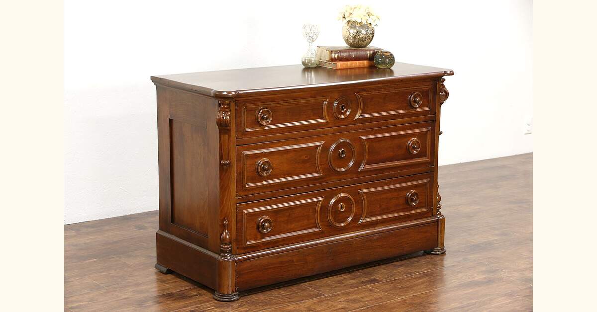 Victorian 1870 Antique Walnut Linen Chest or Dresser, Secret Drawer