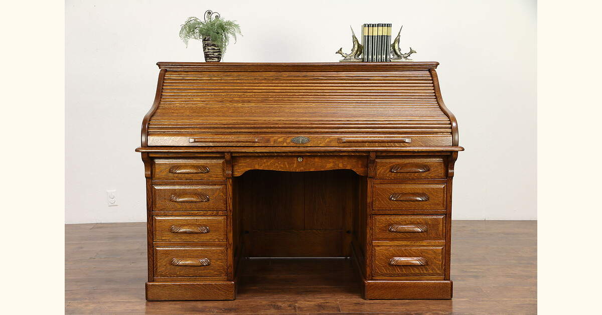 Oak Quarter Sawn Antique 1895 Roll Top Desk, Raised Panels, Revell