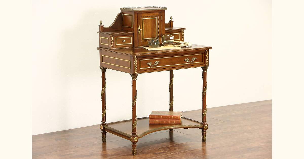 Spanish Walnut Vintage Secretary Desk, Leather Top, Brass Mounts ...