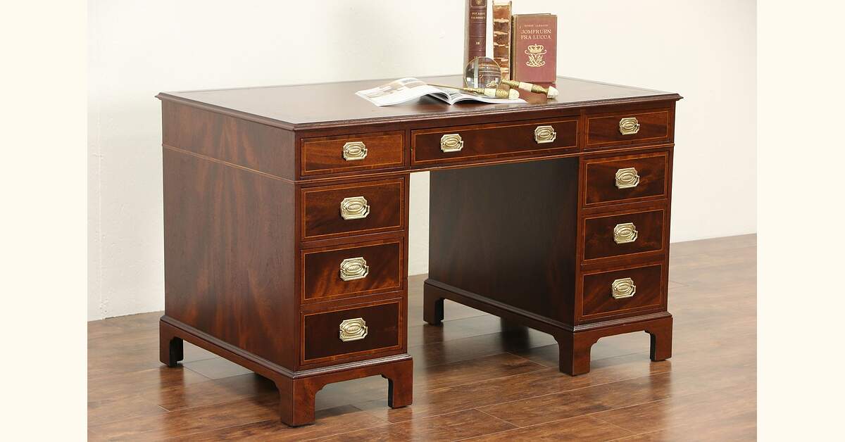 Mahogany Banded 1940's Vintage Library Desk,Leather Top, Signed Baker