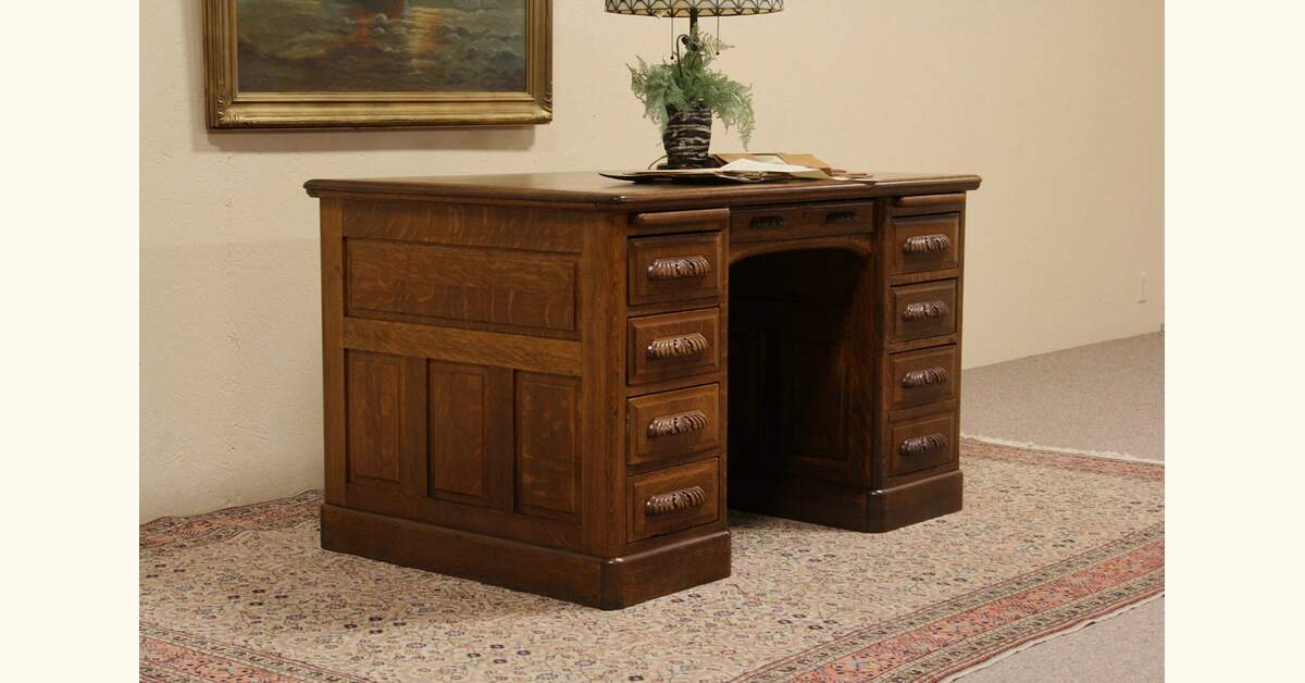 Oak 1910 Antique Raised Panel Desk with File Drawer