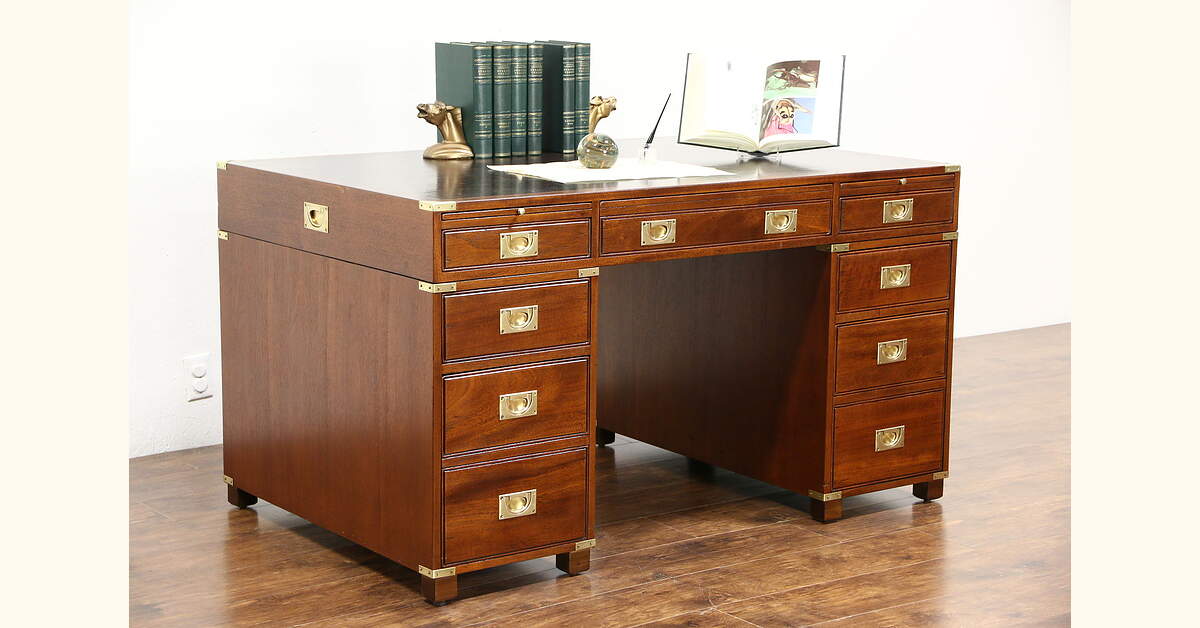 Campaign Style Vintage Library Desk, Leather Top, Original Brasses, England
