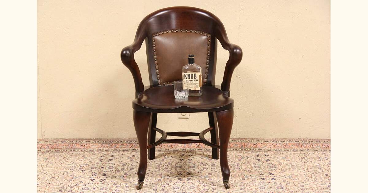 Banker Antique 1900 Mahogany & Leather Desk Chair
