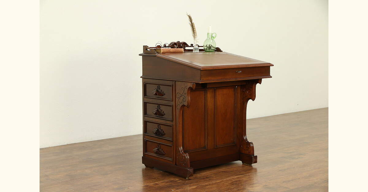 Victorian Antique 1870 Carved Walnut Davenport or Ship Captain Desk
