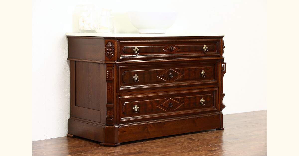 Victorian 1875 Antique Carved Walnut Chest or Dresser, Marble Top ...