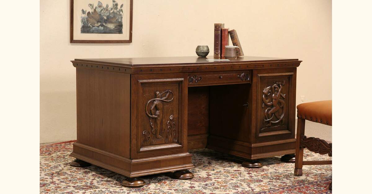 Viking Warrior Carved Oak 1915 Antique Scandinavian Desk & Bookcase