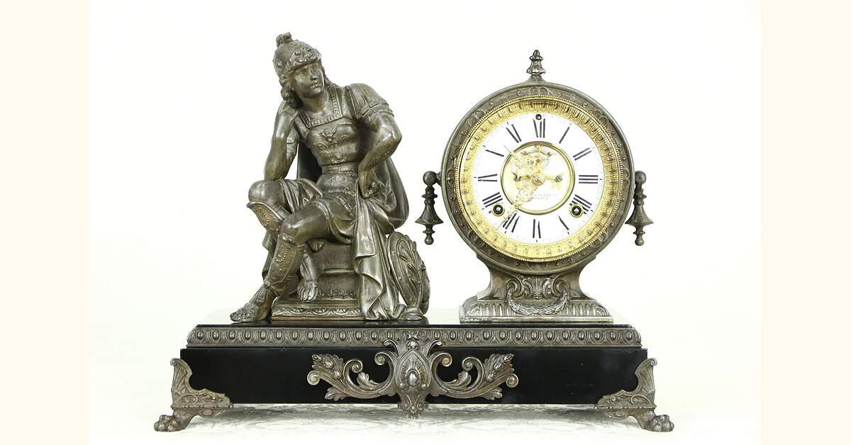 Ansonia NY Antique Open Escapement Clock, Roman Soldier Sculpture Pat. 1882
