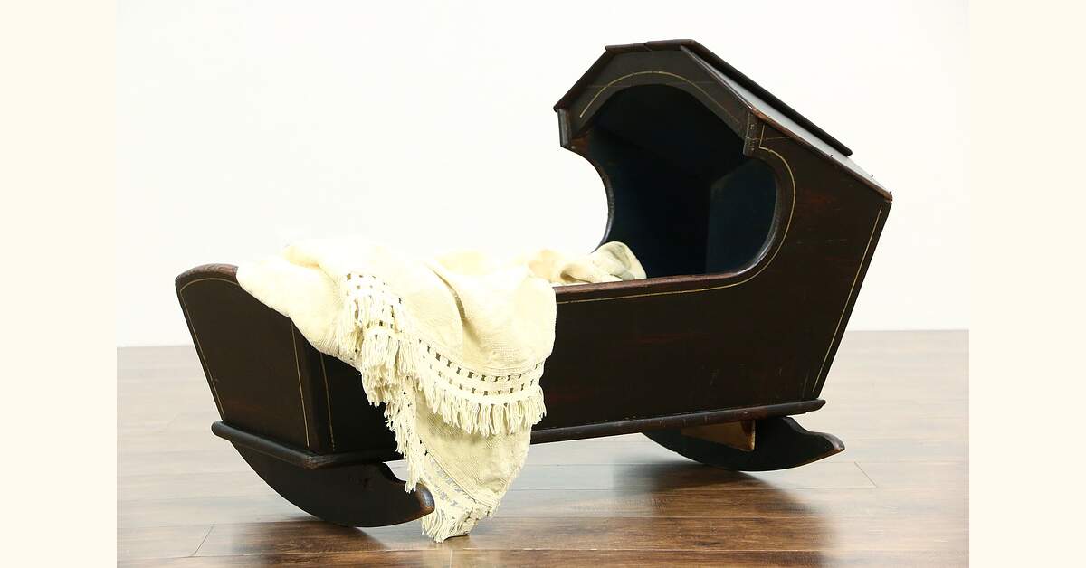 New England Antique 1840 Rocking Baby Cradle with Hood, Original Paint