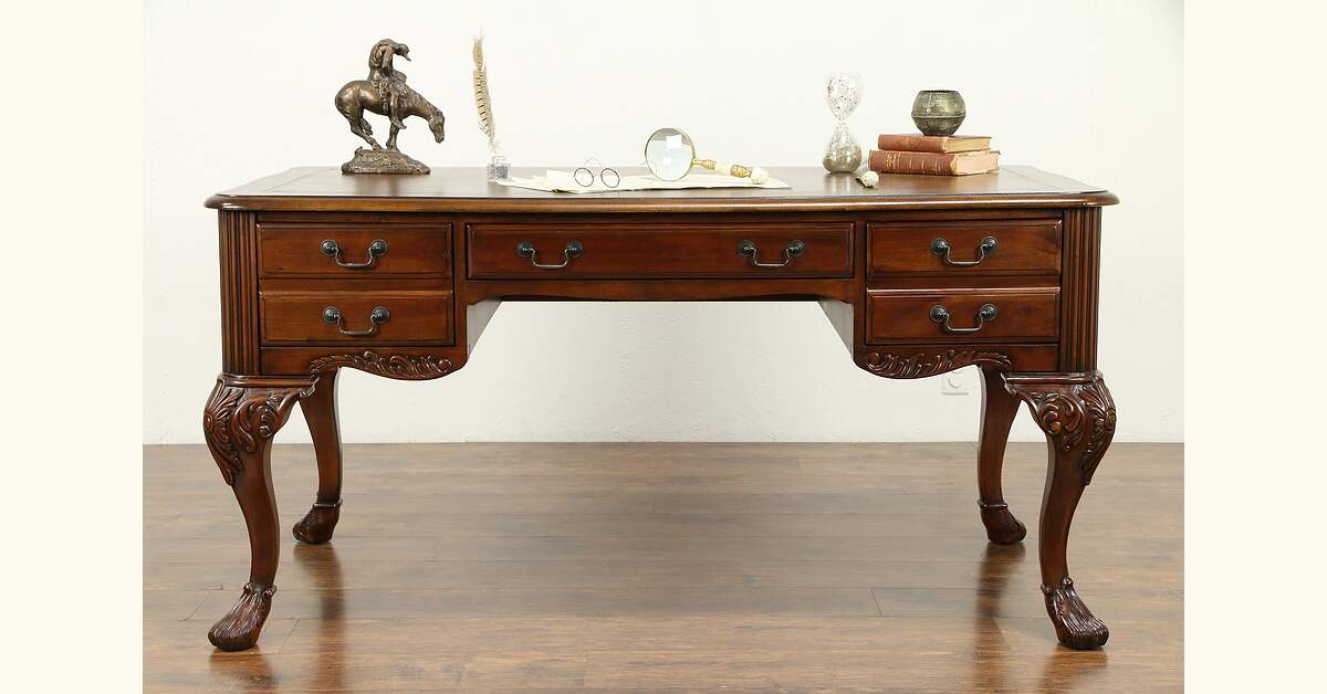 Traditional Carved Mahogany Vintage Library Desk, Ellis Line by Sligh