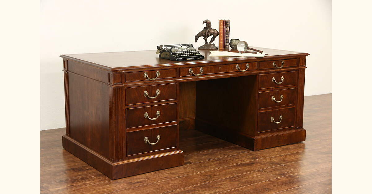 Traditional Vintage Custom Walnut Executive Office Desk, Leather Top