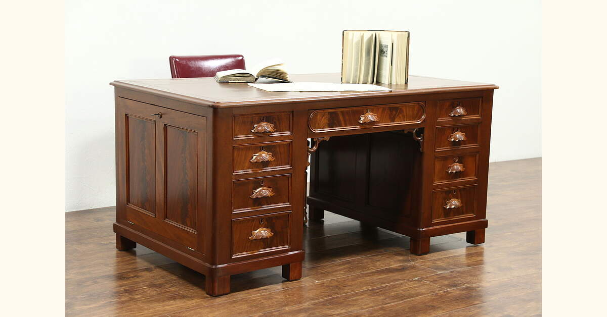 Victorian Antique 1860 Carved Architect Partner Desk with Drawing Holders