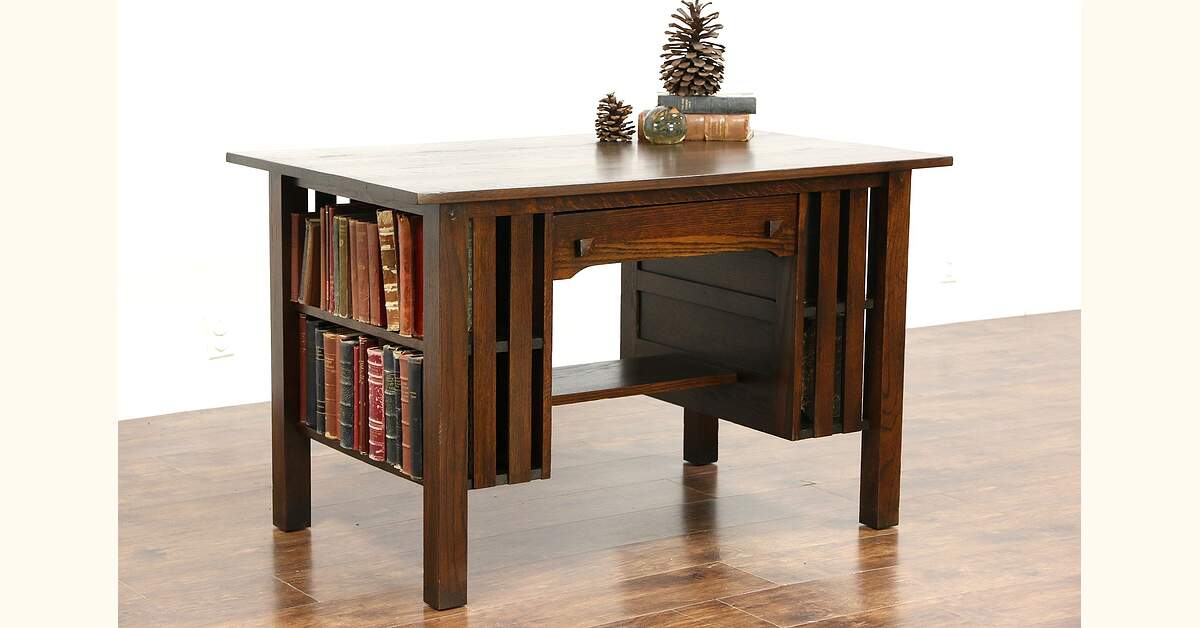 Arts & Crafts Mission Oak 1905 Antique Library Table Writing Desk ...