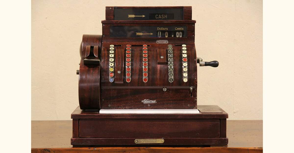 National Manual Cash Register, 1920's Mahogany Case