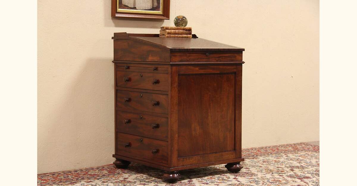 Ship Captain 1875 Desk, Secret Drawers, Sliding Leather Top & Shelf