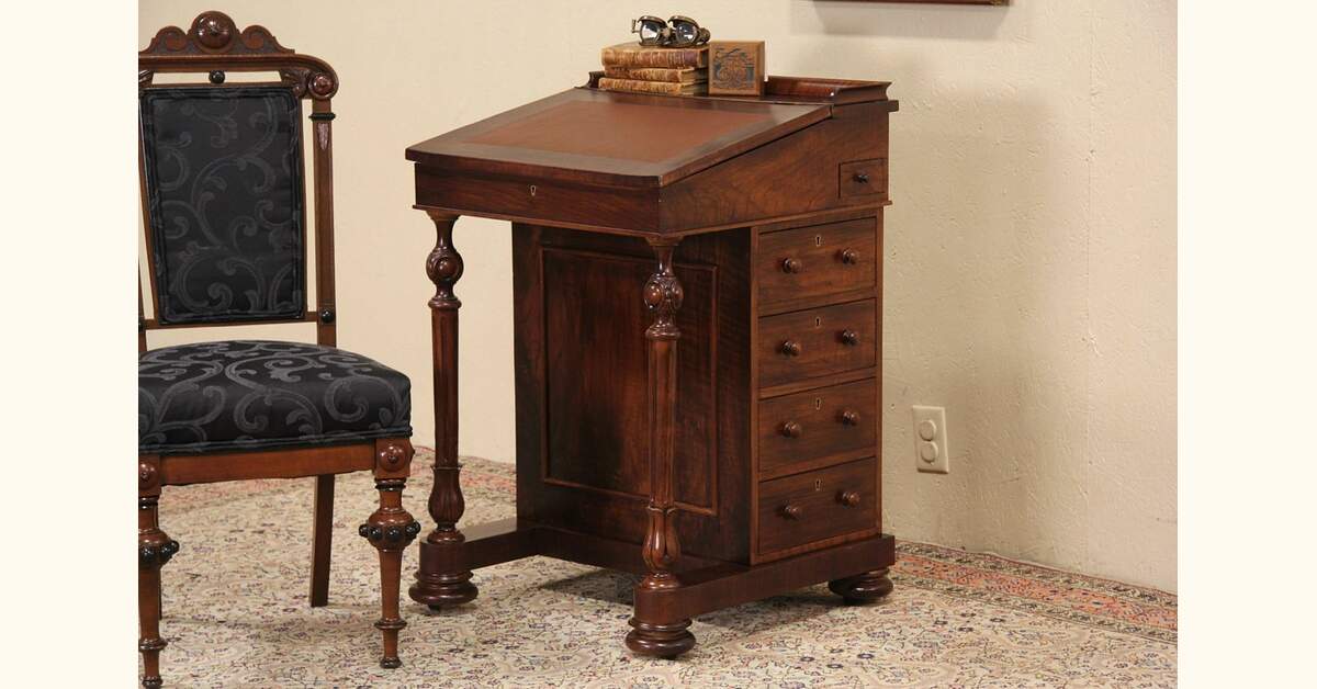 Davenport or Ship Captain Desk, 1870's English Antique, Leather Top