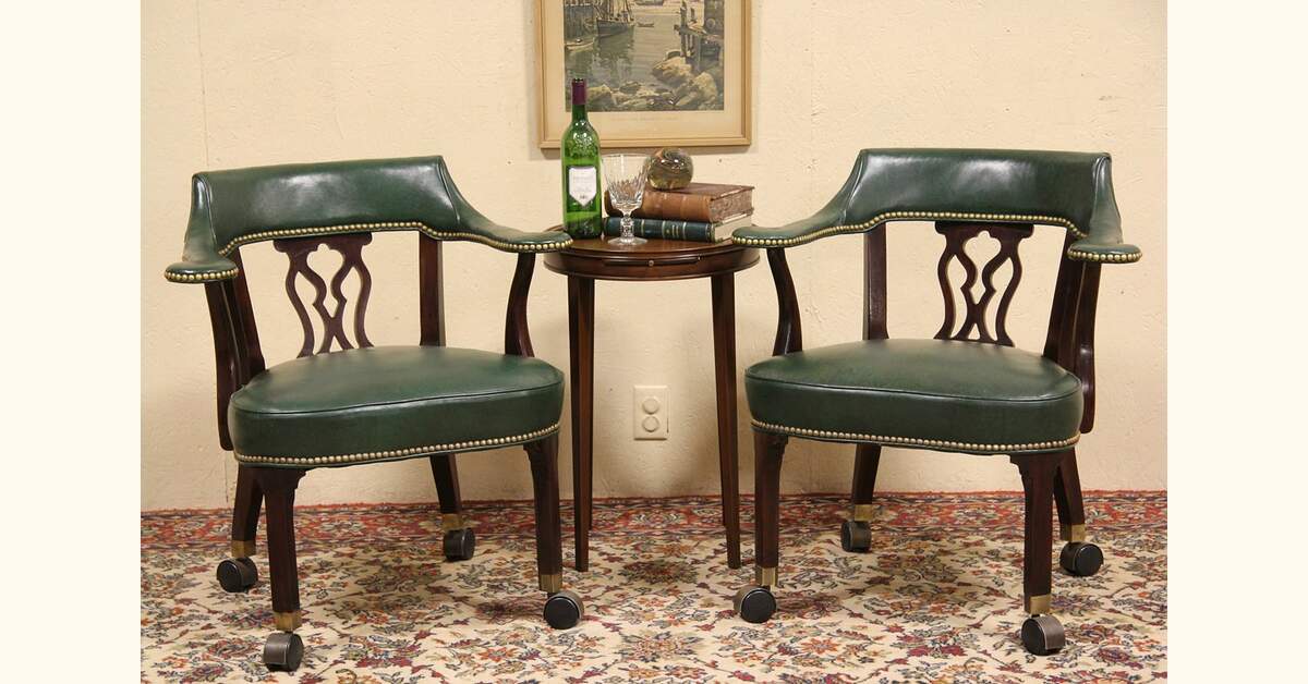 Pair of Hickory Chair Leather Vintage Rolling Game Table Armchairs