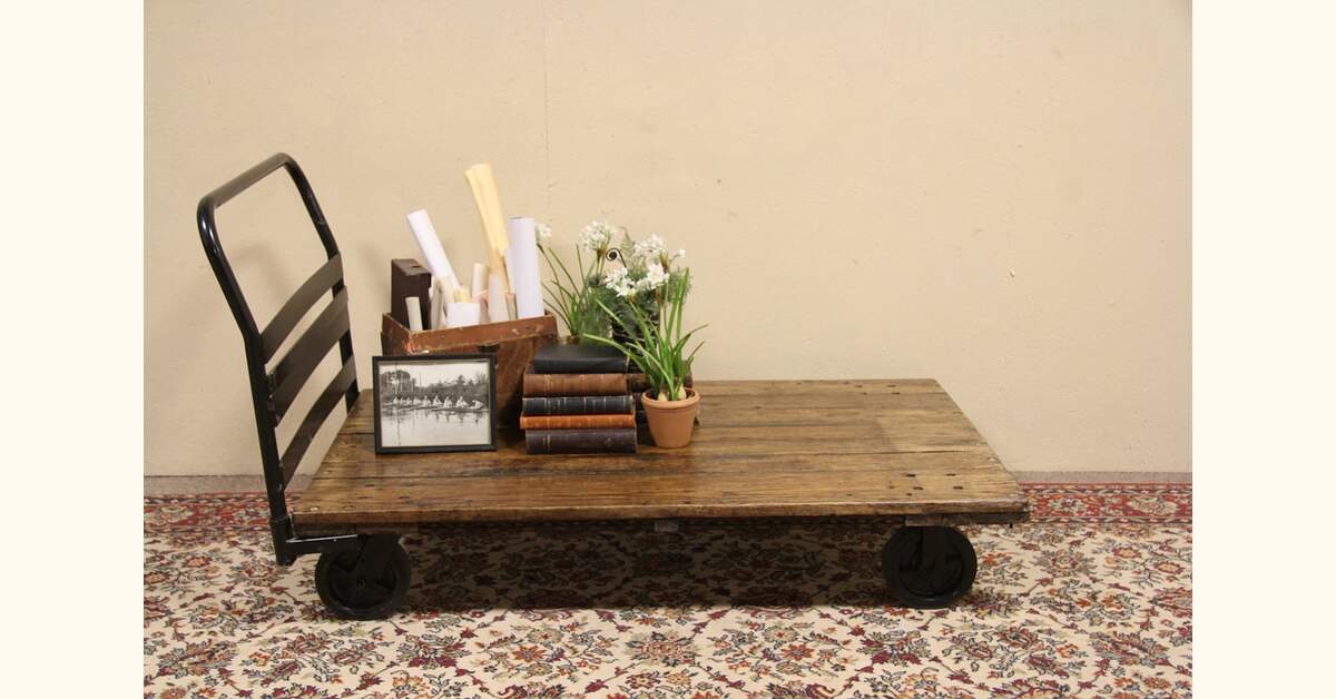 Industrial Salvage Oak & Iron Cart, Removable Handle
